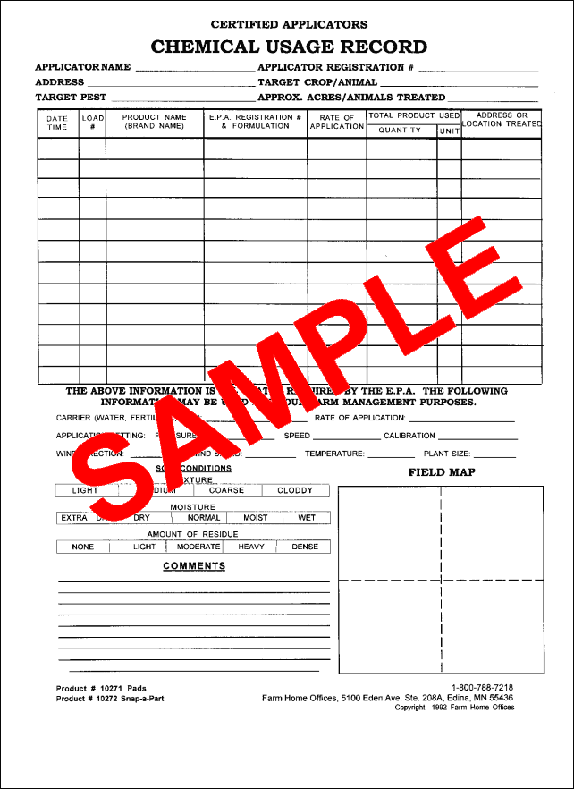 Item 10170 CHEMICAL USAGE PADS - SINGLE CHEMICAL USAGE PAD 8-1/2 X 11 ...